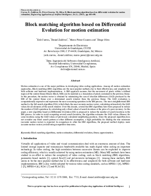 (PDF) Block-matching algorithm based on differential evolution for motion estimation