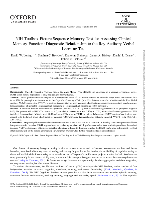 (PDF) NIH Toolbox Picture Sequence Memory Test for Assessing Clinical ...