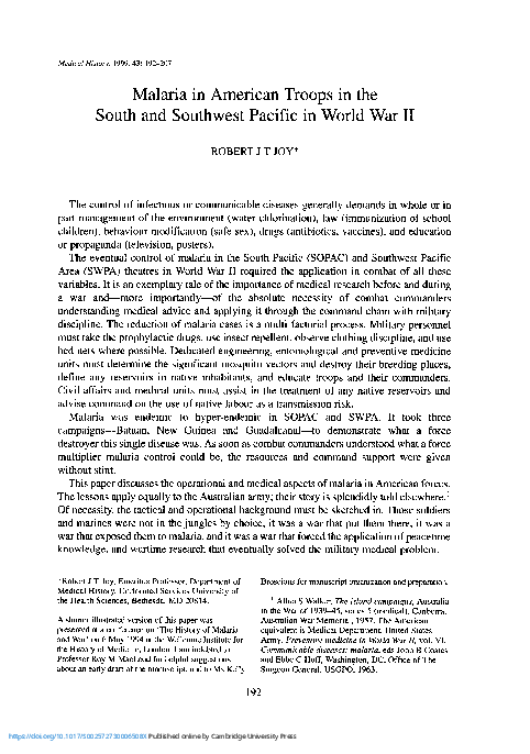 (PDF) Malaria in American troops in the South and Southwest Pacific in ...