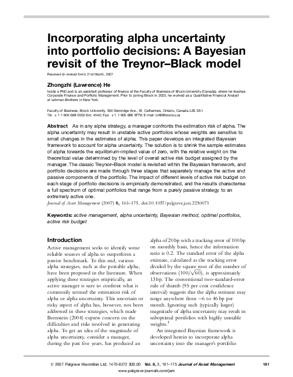 (PDF) Incorporating alpha uncertainty into portfolio decisions: A ...