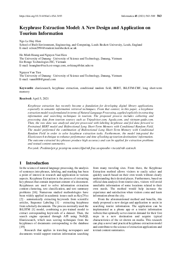 (PDF) Keyphrase Extraction Model: A New Design and Application on Tourism Information