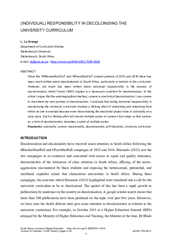 (PDF) (Individual) Responsibility in decolonising the university curriculum