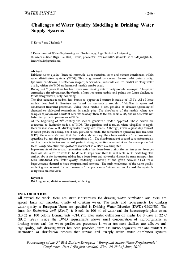 (PDF) Challenges of Water Quality Modelling in Drinking Water Supply ...