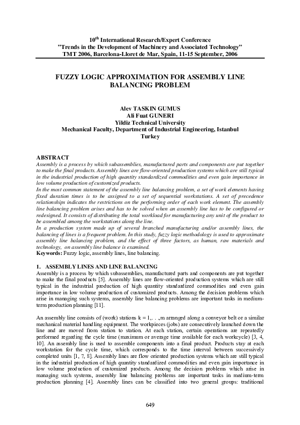 (PDF) Fuzzy Logic Approximation for Assembly Line Balancing Problem