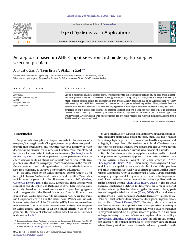 (PDF) An approach based on ANFIS input selection and modeling for supplier selection problem