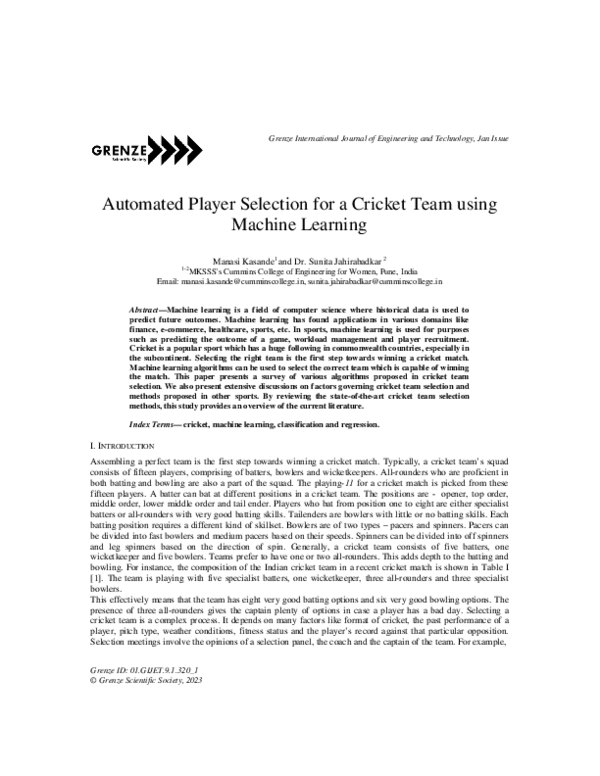 (PDF) Automated Player Selection for a Cricket Team using Machine Learning
