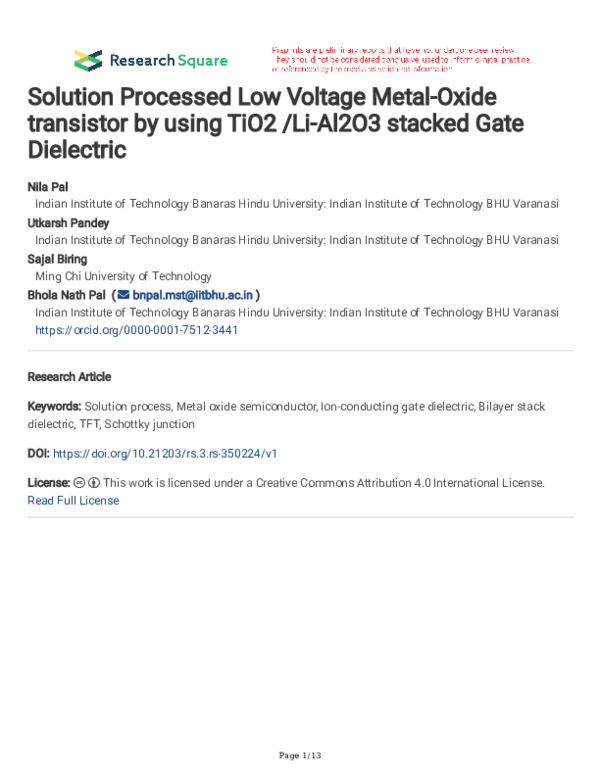 (PDF) Solution Processed Low Voltage Metal-Oxide transistor by using ...