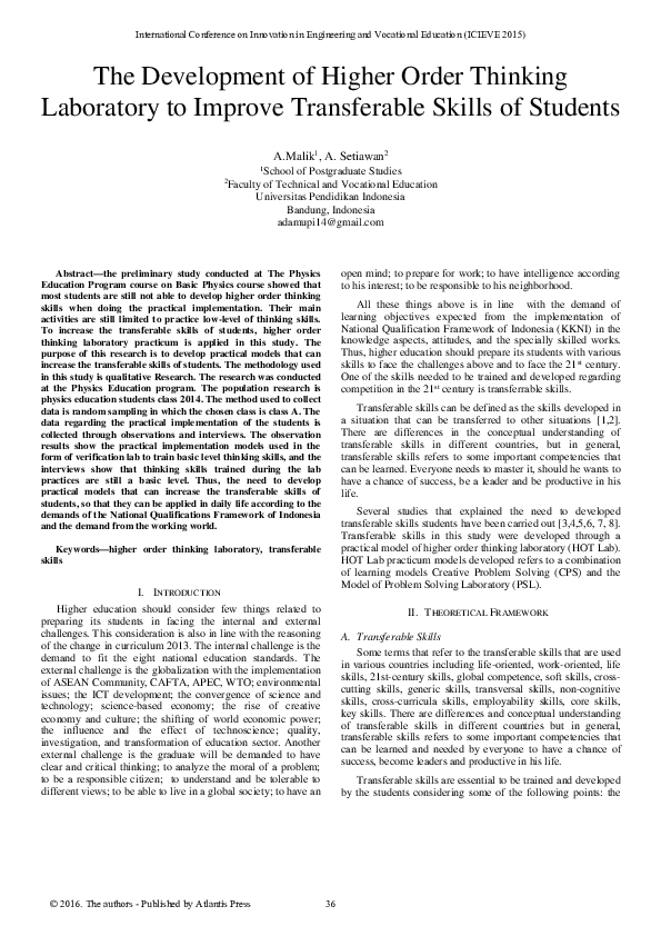 (PDF) The Development of Higher Order Thinking Laboratory to Improve Transferable Skills of Students