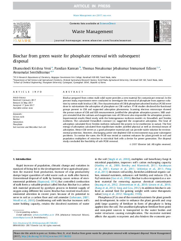(PDF) Biochar from green waste for phosphate removal with subsequent disposal
