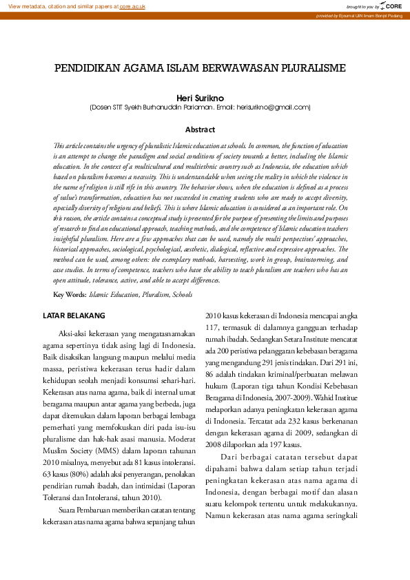 Pdf Pendidikan Agama Islam Berwawasan Pluralisme