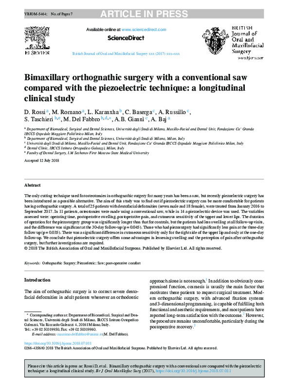 (PDF) Bimaxillary orthognathic surgery with a conventional saw compared ...