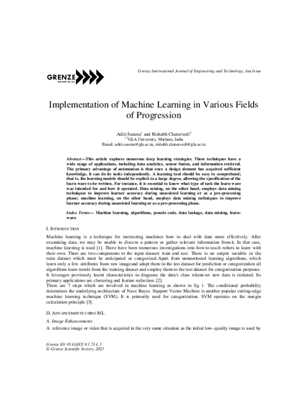 (PDF) Implementation of Machine Learning in Various Fields of Progression