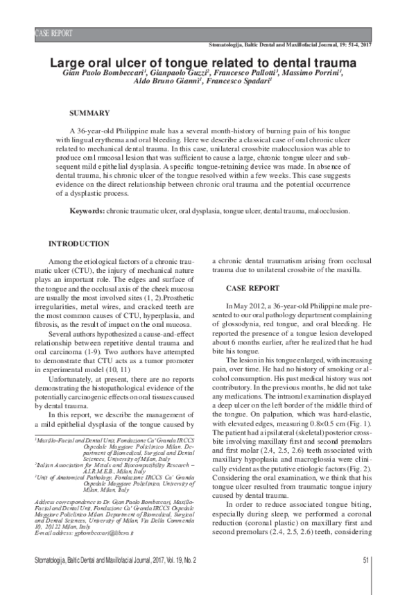 (PDF) Large oral ulcer of tongue related to dental trauma