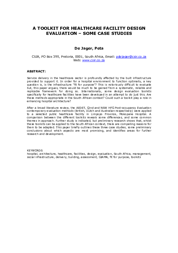 (PDF) Toolkit for healthcare facility design evaluation-some case studies
