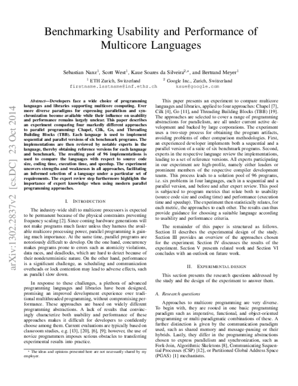 (PDF) Benchmarking Usability and Performance of Multicore Languages