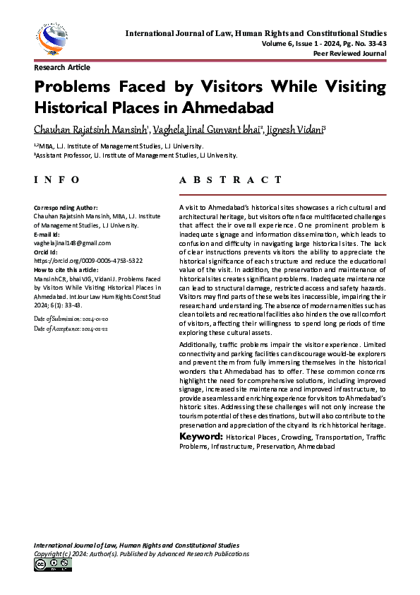 (PDF) Problems Faced by Visitors While Visiting Historical Places in Ahmedabad