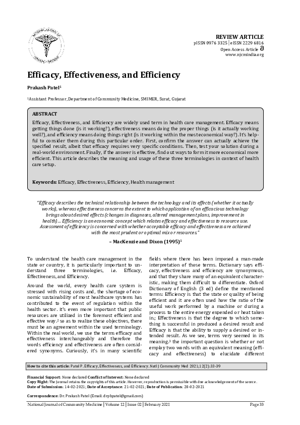 (PDF) Efficacy, Effectiveness, and Efficiency
