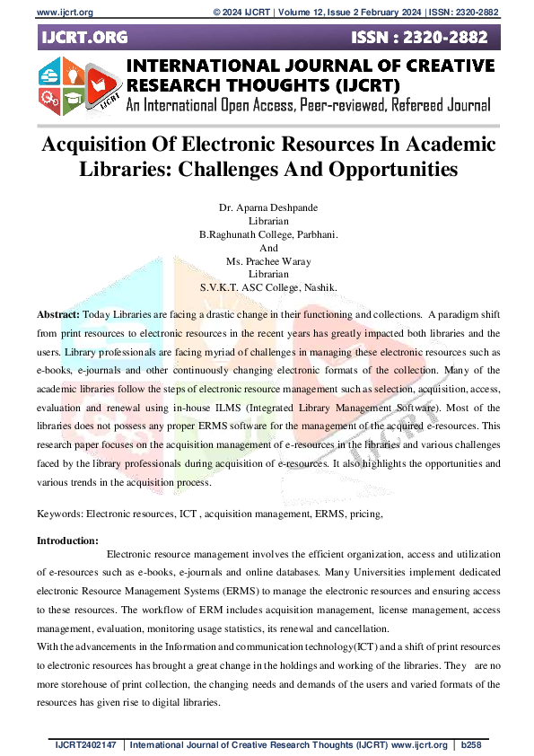 (PDF) Acquisition Of Electronic Resources In Academic Libraries: Challenges And Opportunities