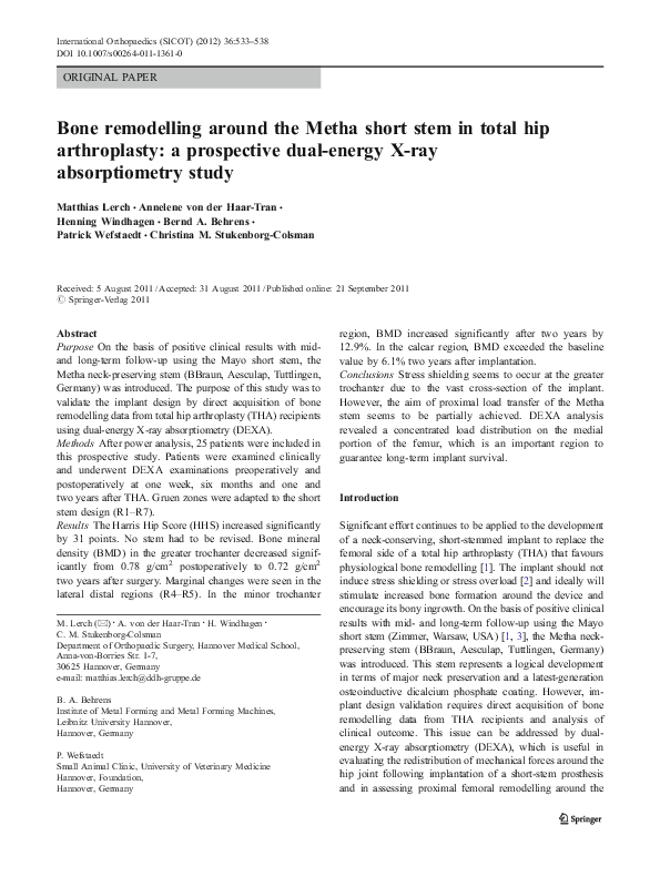 (PDF) Bone remodelling around the Metha short stem in total hip ...