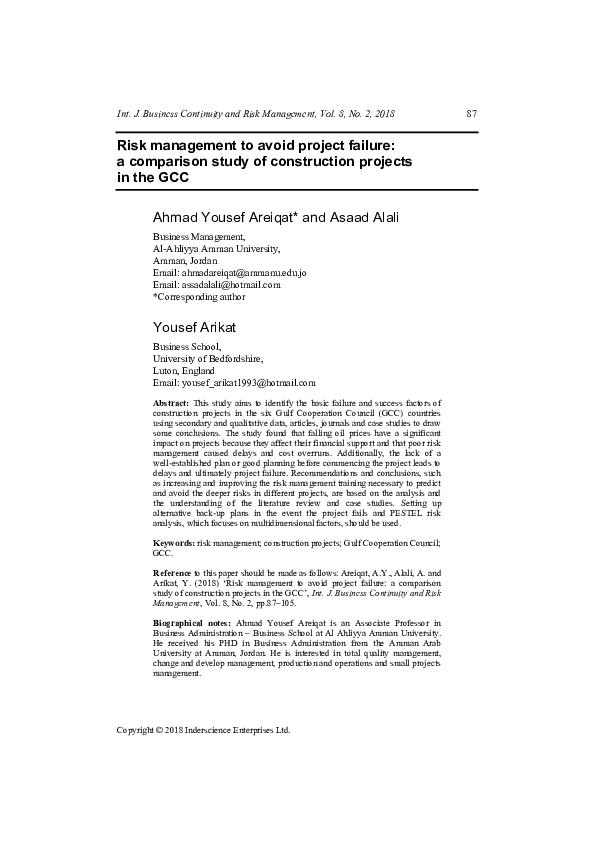 (PDF) Risk management to avoid project failure: a comparison study of construction projects in ...