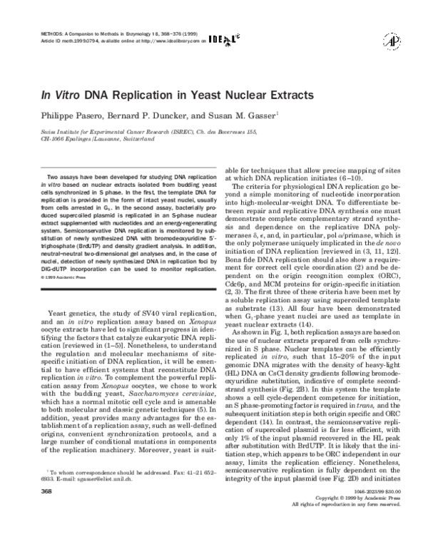 (PDF) In Vitro DNA Replication in Yeast Nuclear Extracts