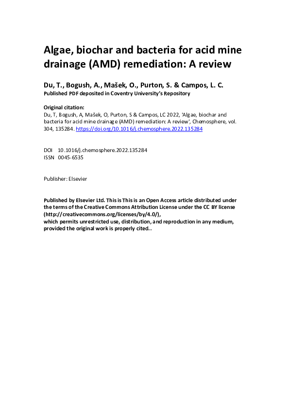 (PDF) Algae, biochar and bacteria for acid mine drainage (AMD) remediation: A review