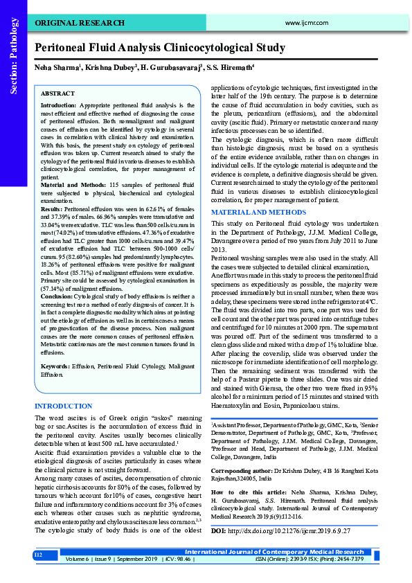 (PDF) Peritoneal Fluid Analysis Clinicocytological Study