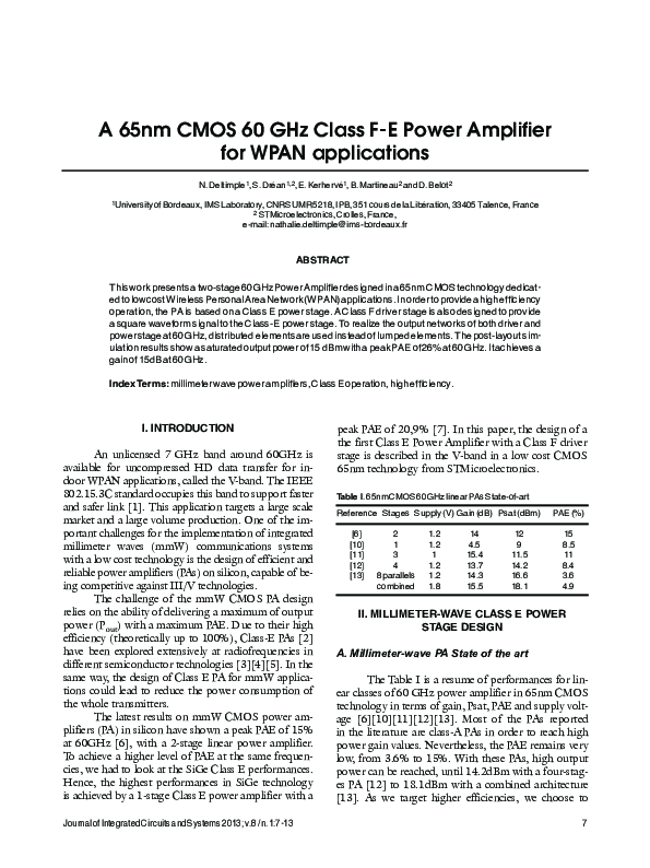 (PDF) A 65nm CMOS 60 GHz class F-E power amplifier for WPAN applications