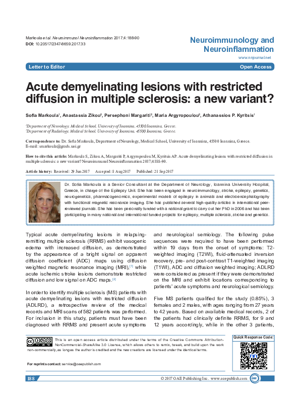 (PDF) Acute demyelinating lesions with restricted diffusion in multiple ...