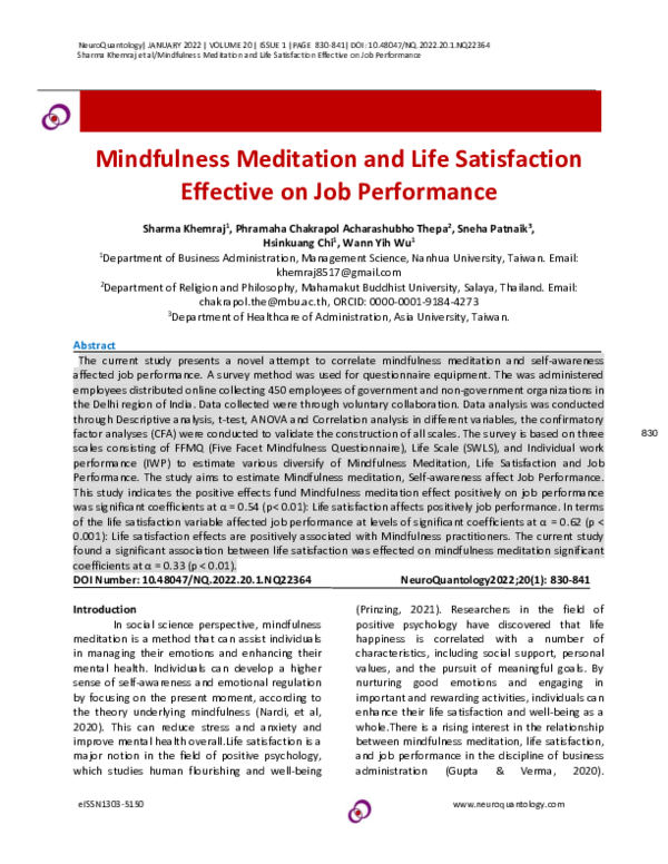 (PDF) Mindfulness Meditation and Life Satisfaction Effective on Job ...