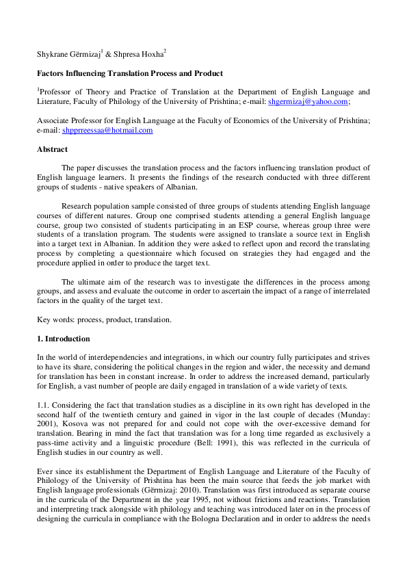 (PDF) Factors Influencing Translation Process and Product