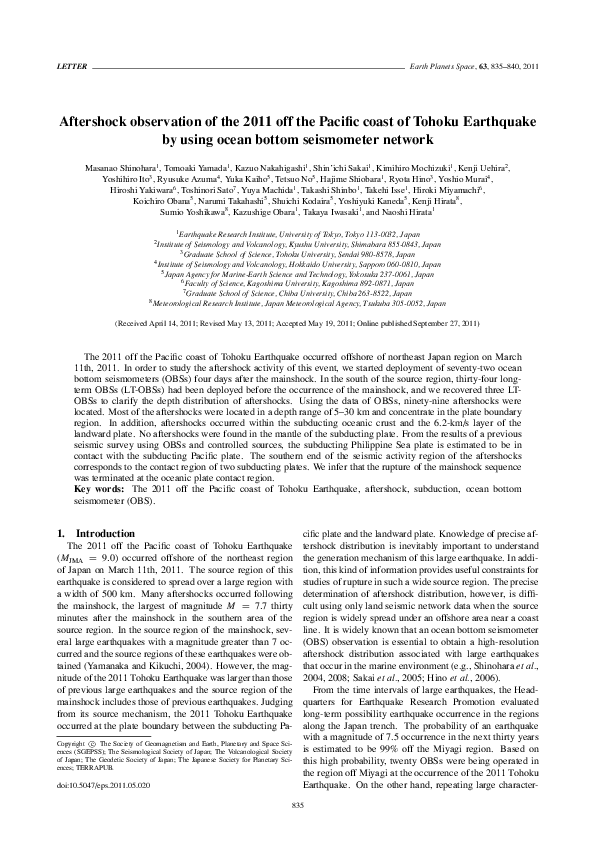 (PDF) Aftershock observation of the 2011 off the Pacific coast of ...