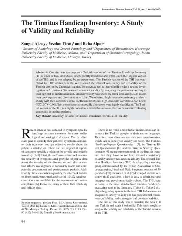 (PDF) The Tinnitus Handicap Inventory: a study of validity and reliability