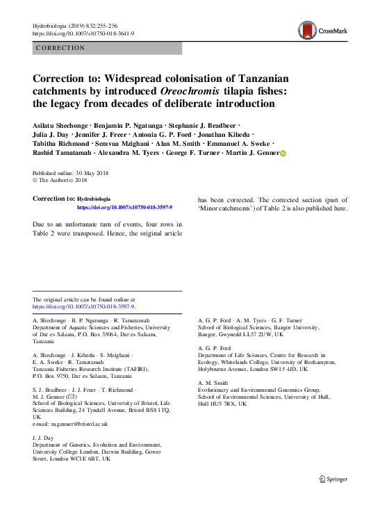 (PDF) Correction to: Widespread colonisation of Tanzanian catchments by introduced Oreochromis ...