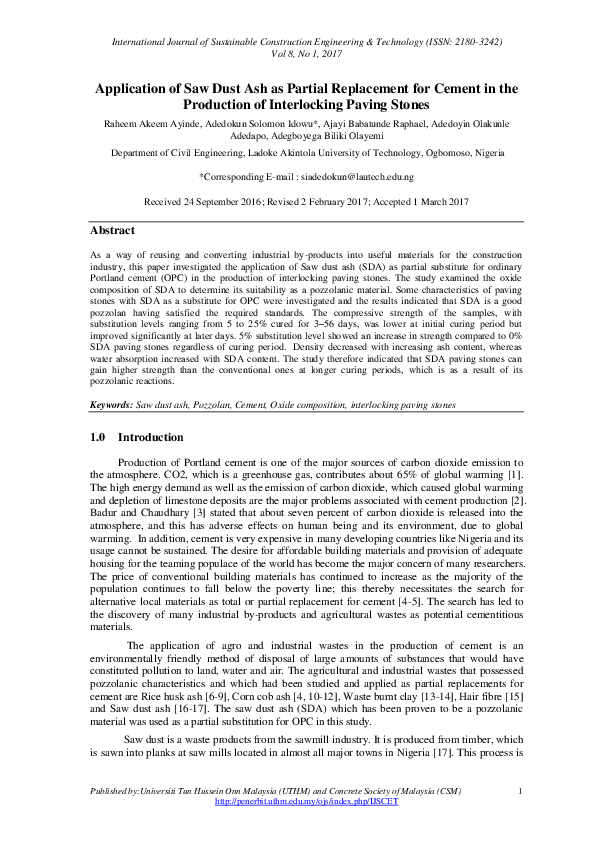 (PDF) Application of Saw Dust Ash as Partial Replacement for Cement in ...
