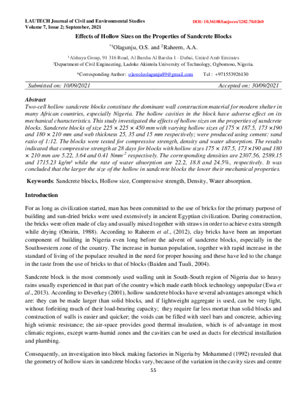 (PDF) Effects of Hollow Sizes on the Properties of Sandcrete Blocks