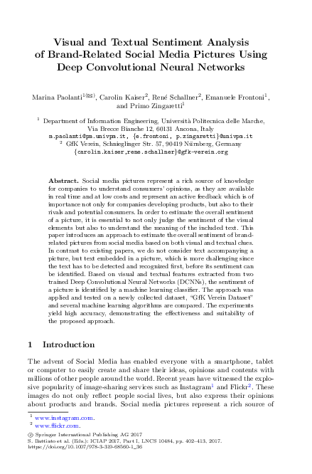 Pdf Visual And Textual Sentiment Analysis Of Brand Related Social Media Pictures Using Deep