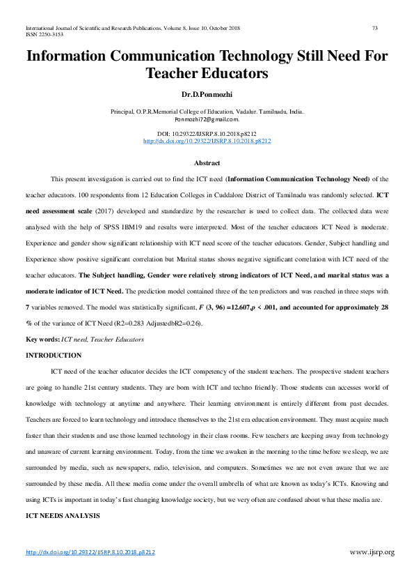 (PDF) Information Communication Technology Still Need For Teacher Educators