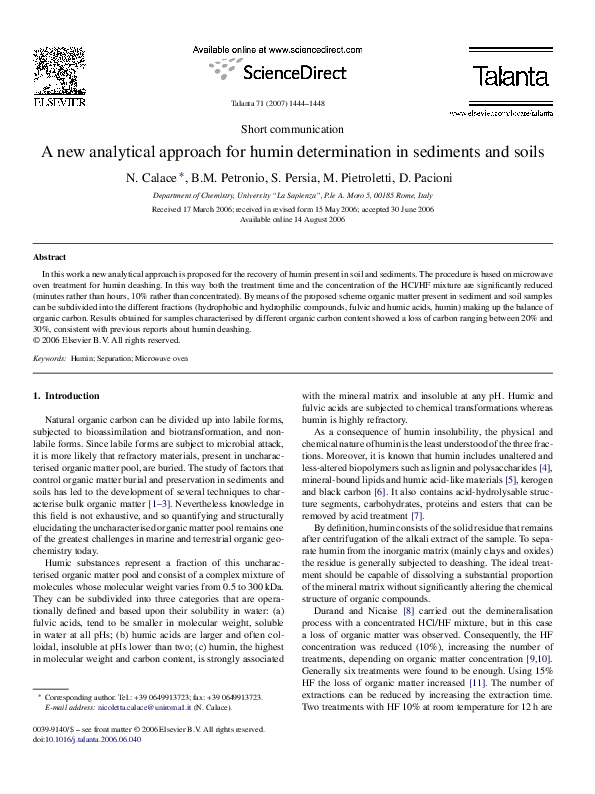 (PDF) A new analytical approach for humin determination in sediments and soils