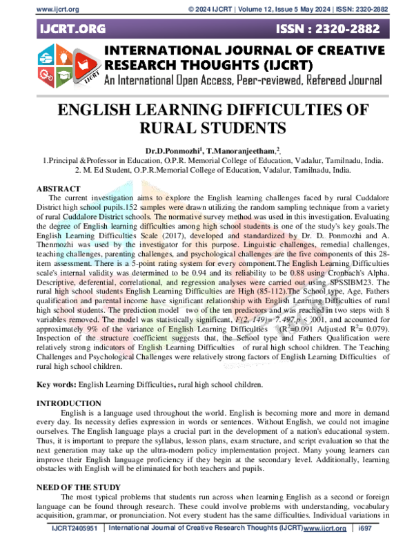 (PDF) ENGLISH LEARNING DIFFICULTIES OF RURAL STUDENTS