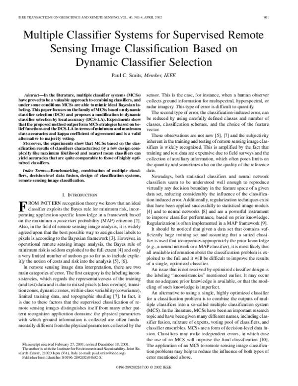 Pdf Multiple Classifier Systems For Supervised Remote Sensing Image