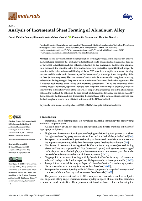 (PDF) Analysis of Incremental Sheet Forming of Aluminum Alloy