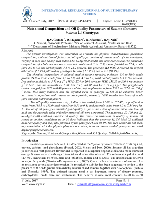 (PDF) Nutritional Composition and Oil Quality Parameters of Sesame (Sesamum indicum L.) Genotypes