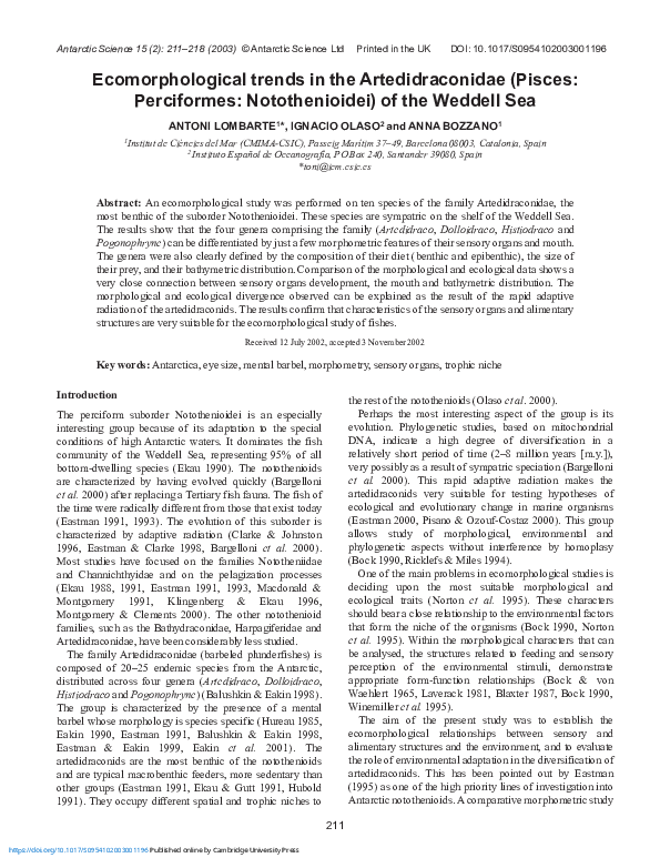 (PDF) Ecomorphological trends in the Artedidraconidae (Pisces ...