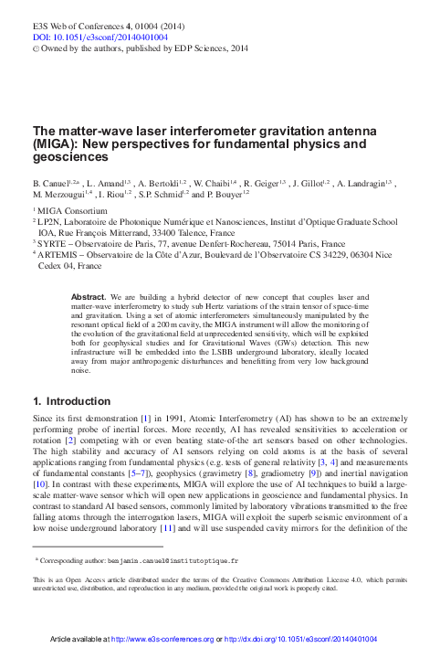 (PDF) The matter-wave laser interferometer gravitation antenna (MIGA): New perspectives for ...