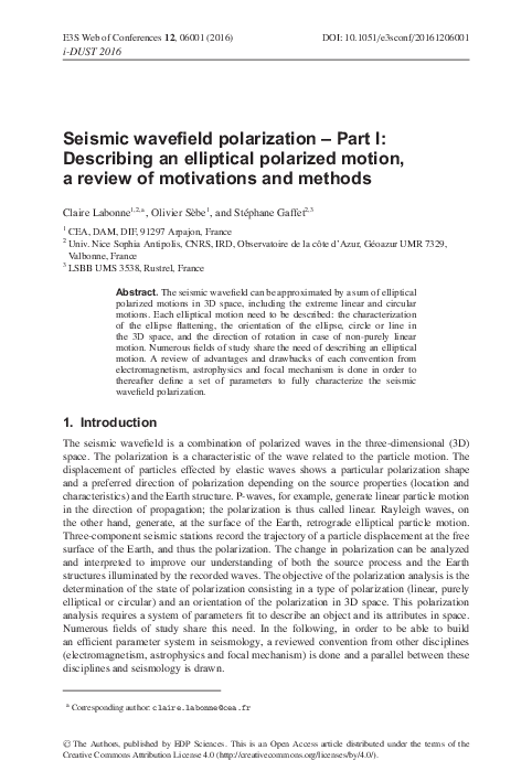 (PDF) Seismic wavefield polarization – Part I: Describing an elliptical polarized motion, a ...
