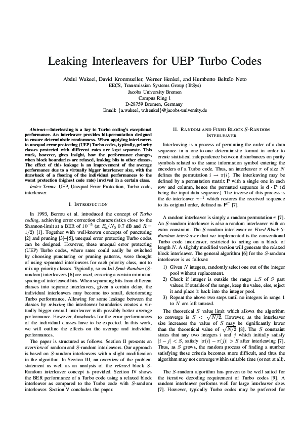 (PDF) Leaking interleavers for UEP Turbo codes