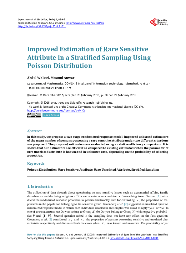 (PDF) Improved Estimation of Rare Sensitive Attribute in a Stratified Sampling Using Poisson ...