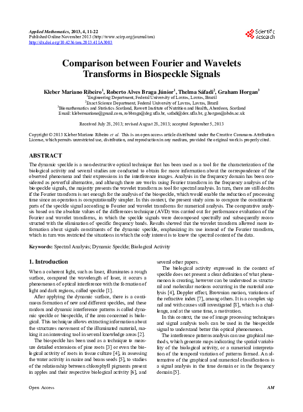 (PDF) Comparison between Fourier and Wavelets Transforms in Biospeckle Signals