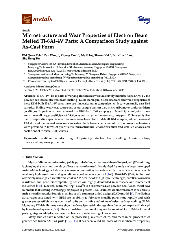 (PDF) Microstructure and Wear Properties of Electron Beam Melted Ti-6Al-4V Parts: A Comparison ...